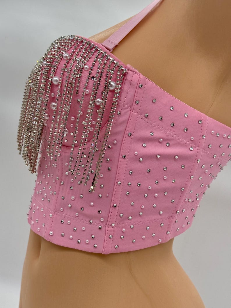Pink Rhinestone Corset Top – Sparkling Fringe Bustier for Special ...