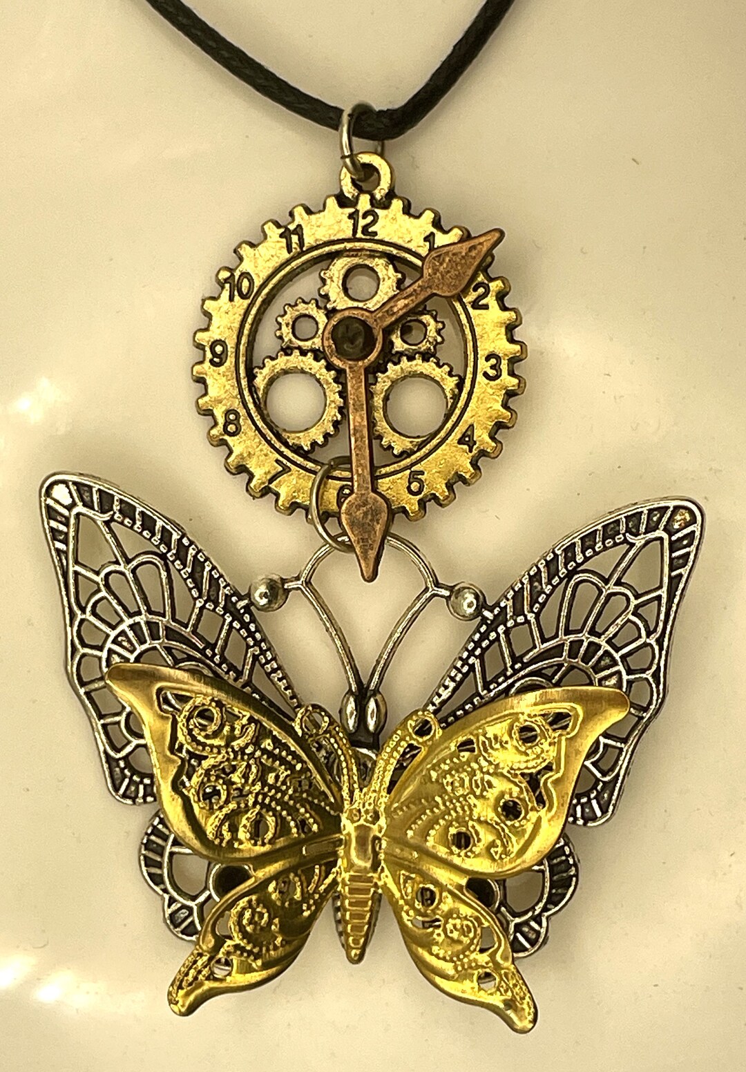 Steampunk Stacked Necklace Butterfly Clock Gears Gems Multi-color ...