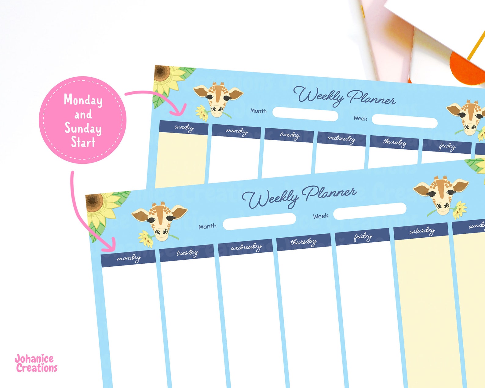 Printable Weekly Planner, Giraffes and Sunflowers, Horizontal Letter ...