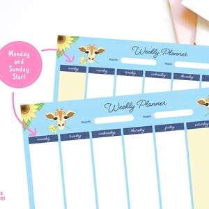 Printable Weekly Planner, Giraffes and Sunflowers, Horizontal Letter ...