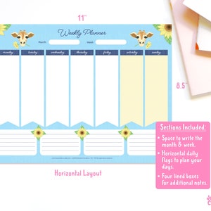 Printable Weekly Planner, Giraffes and Sunflowers, Horizontal Letter ...