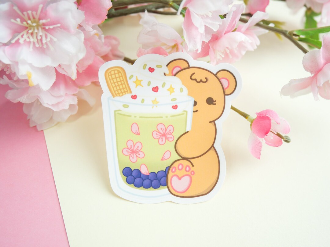 Matcha Boba Tea Bear Sticker Kawaii Dessert Drink Die Cut Glossy ...