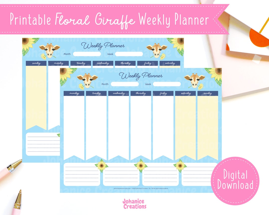 Printable Weekly Planner, Giraffes and Sunflowers, Horizontal Letter ...