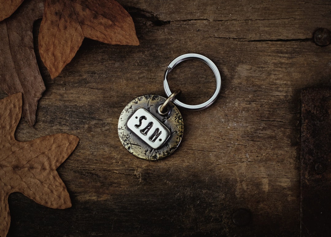 Rustic, Round Dog Tag Made of Brass With German Silver Detail · ID Tag ...