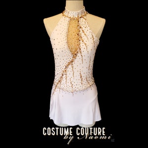 White and Gold Figure Skating Competition Dress, Rhinestone Competition ...