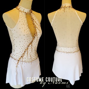 White and Gold Figure Skating Competition Dress, Rhinestone Competition ...