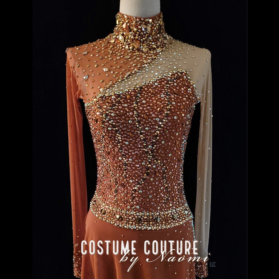 Custom Figure Skating Ice Dance Dress in Deep Orange Copper and Gold ...