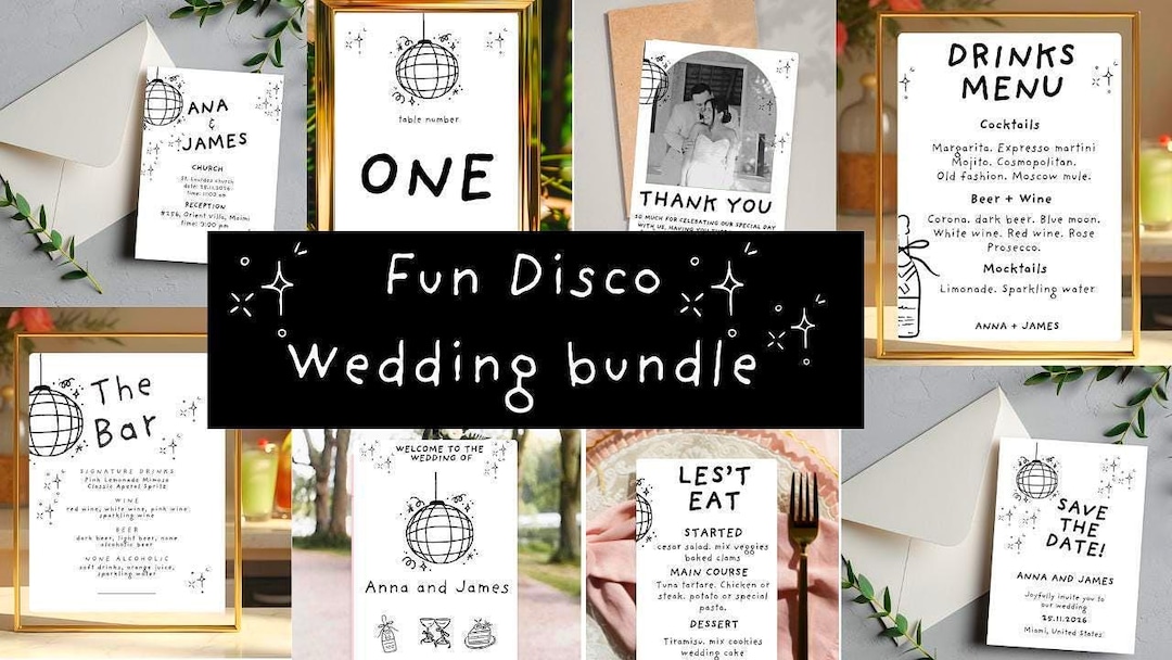 Disco Ball Wedding Stationery Template Bundle, Editable Canva (digital ...