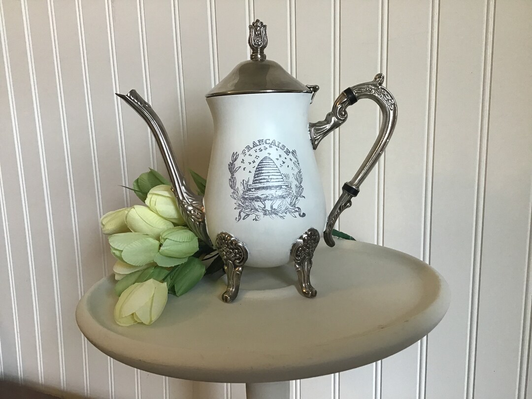 Painted Silver Teapot, French Inspired Decor, Repurposed ,shabby Chic ...