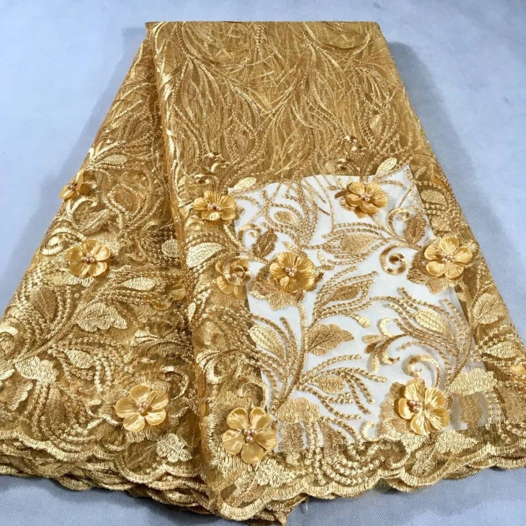 Gold African Lace Fabric Embroidered Nigerian Wedding Lace Fabric High ...