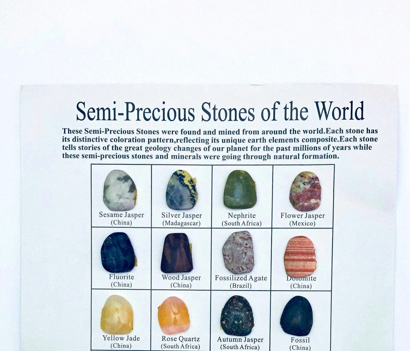Semi-precious Stones Mounted on ID Cards, 28 Actual Stones of the World ...
