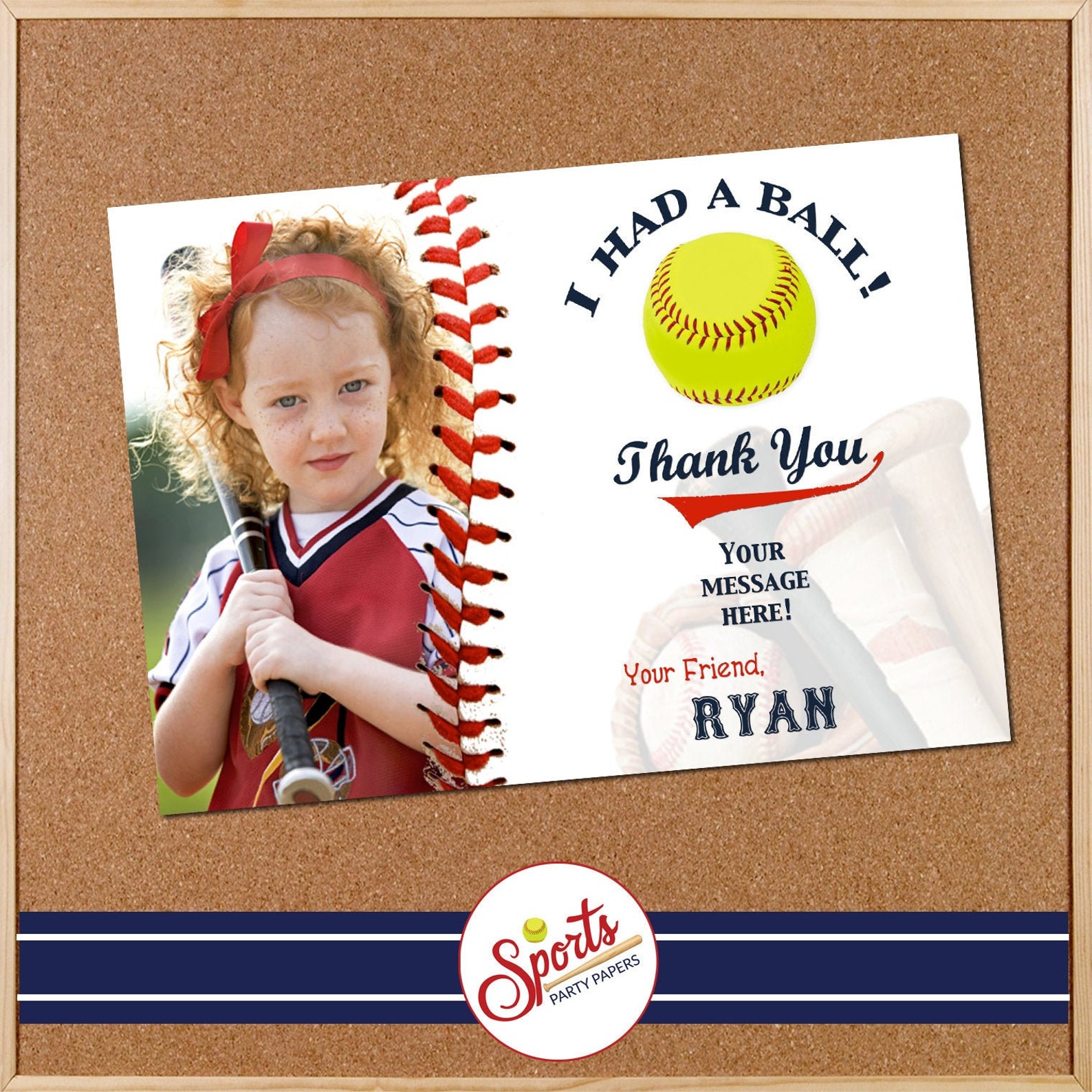 Softball Thank You Cards, Softball Note Card, Softball Stationery ...