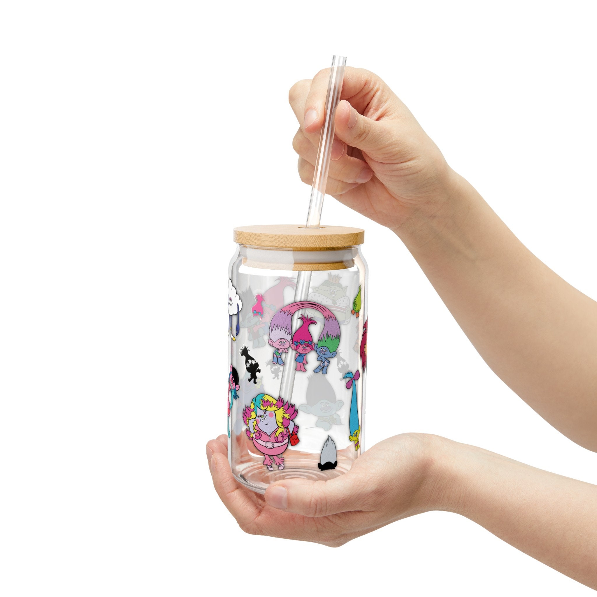 Trolls Doll Can Shape Glass, Cartoon Glass Cup With Straw, 16oz Sipper ...