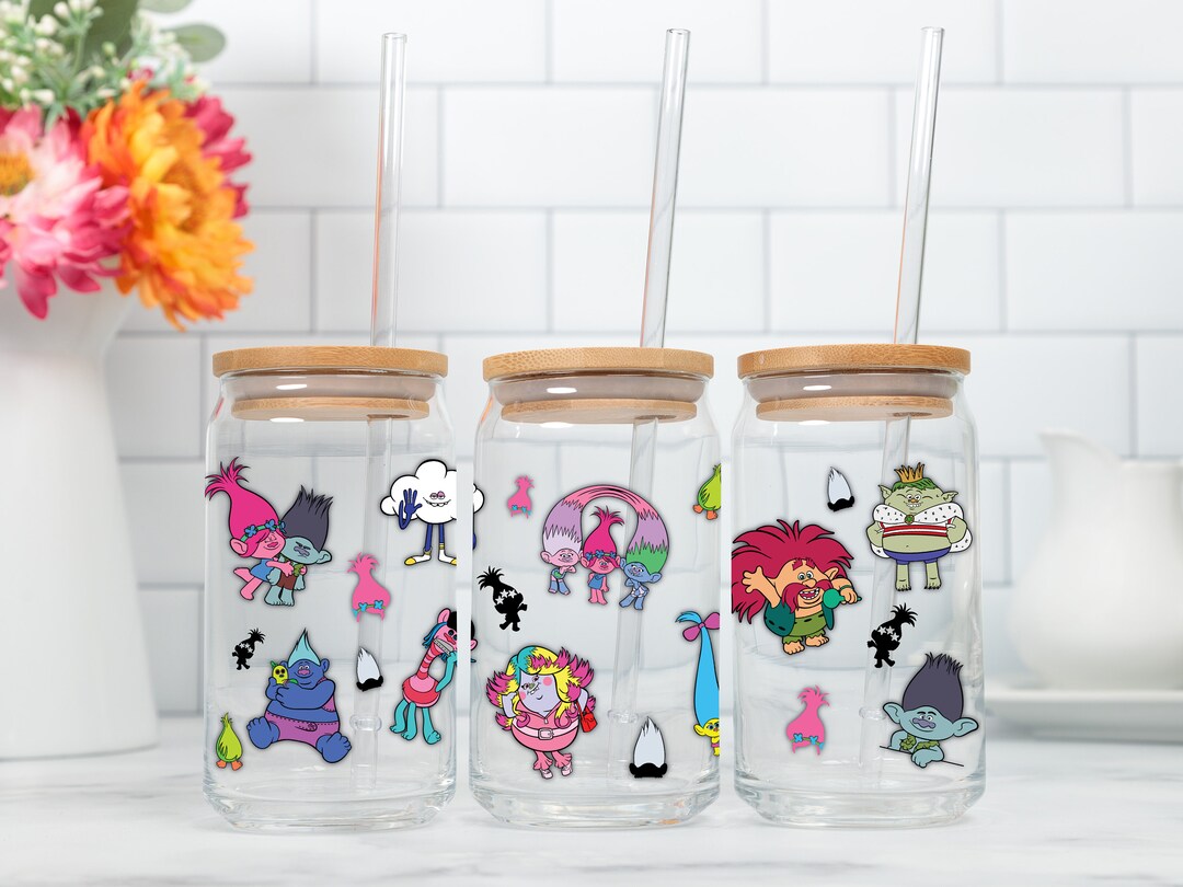 Trolls Doll Can Shape Glass, Cartoon Glass Cup With Straw, 16oz Sipper ...