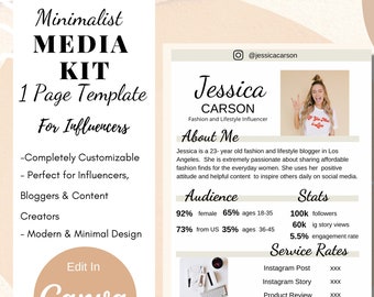 1 Page Media Kit Template Influencer Media Kit Blogger Template ...