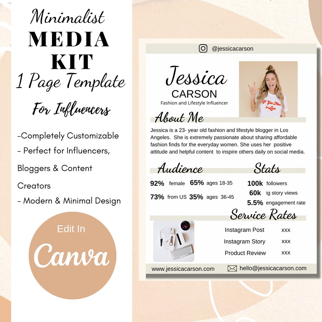 1 Page Media Kit Template | Influencer Media Kit | Rate Sheet | Blogger ...