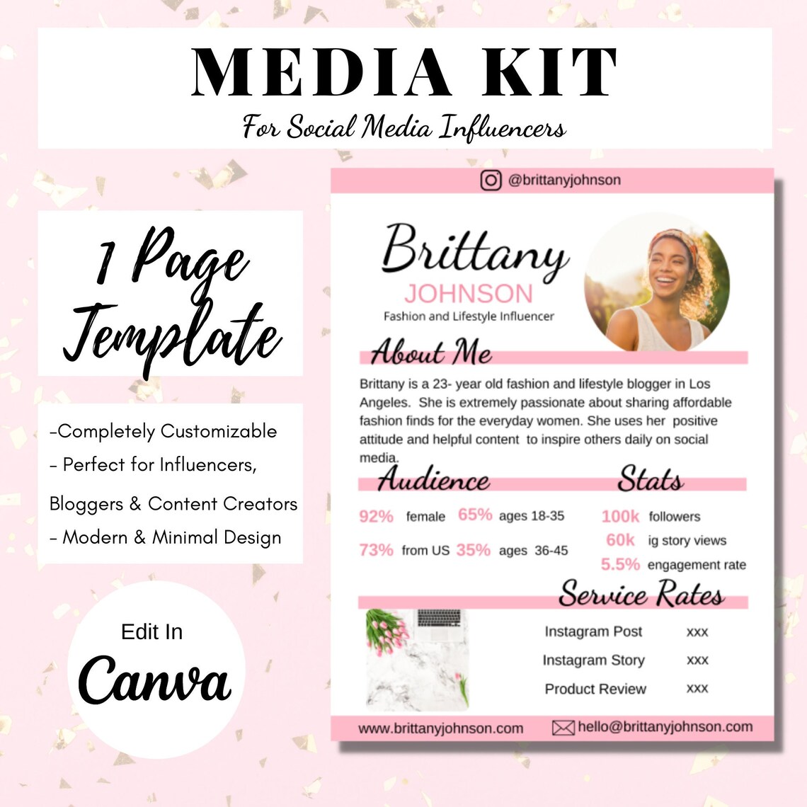 1 Page Media Kit Template | Influencer Media Kit | Rate Sheet | Blogger ...