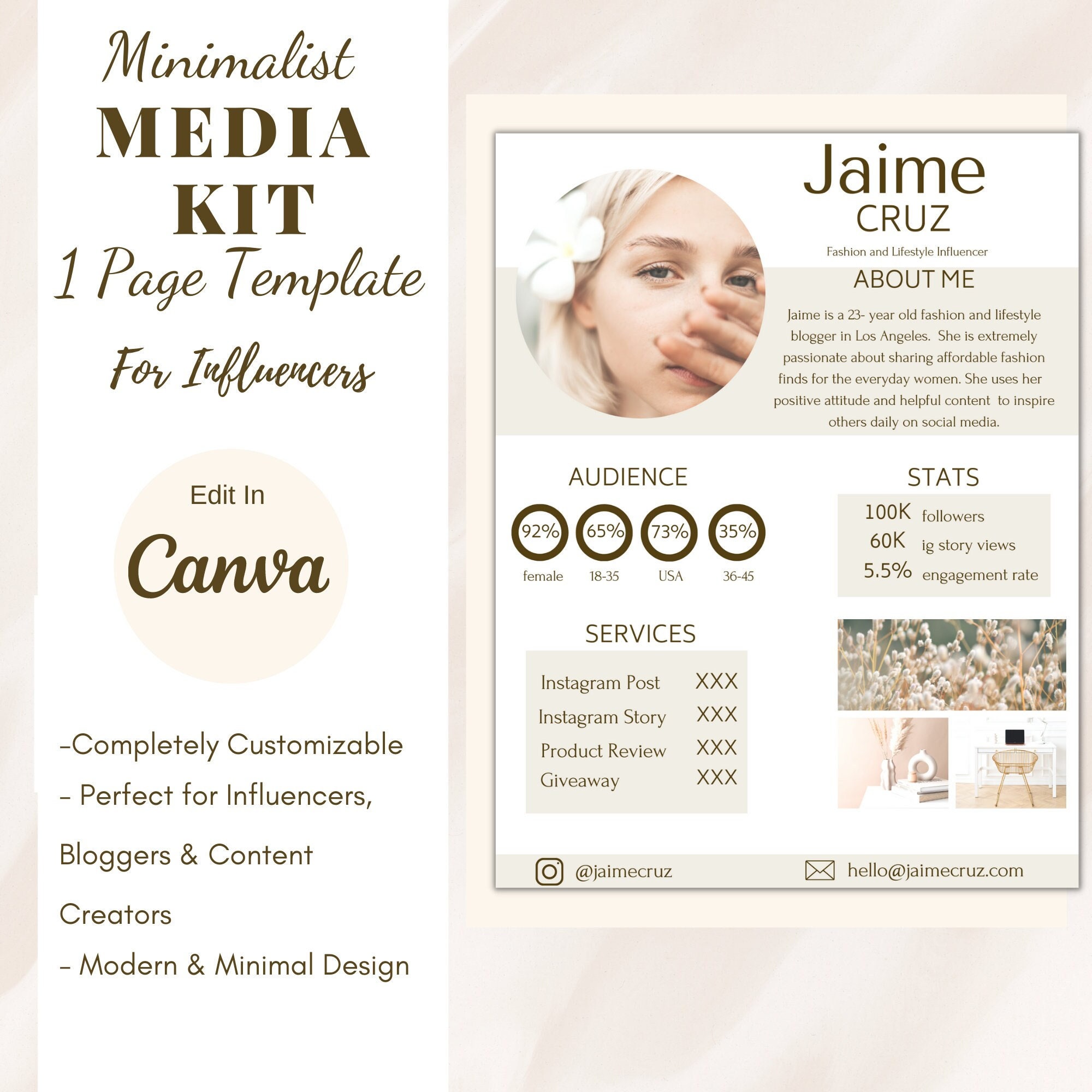 1 Page Media Kit Template | Influencer Media Kit | Rate Sheet | Blogger ...
