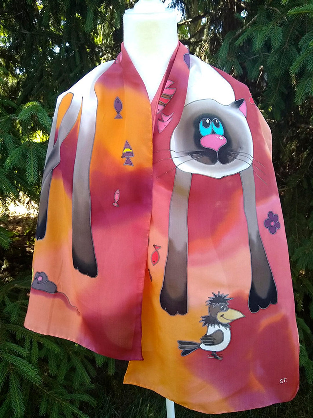 Silk Scarf Hand Painted Silk Scarf Gray Cat Cat Silk Scarf - Etsy.de
