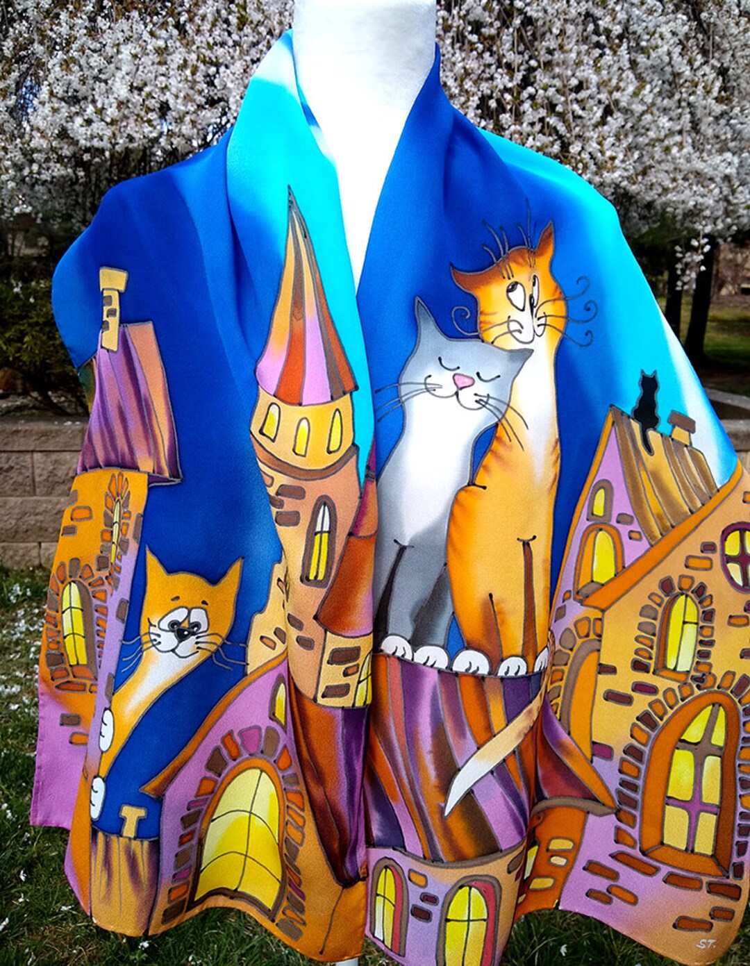 Hand Painted Silk Scarf, Funny Cats Design, Wearable Art - Etsy
