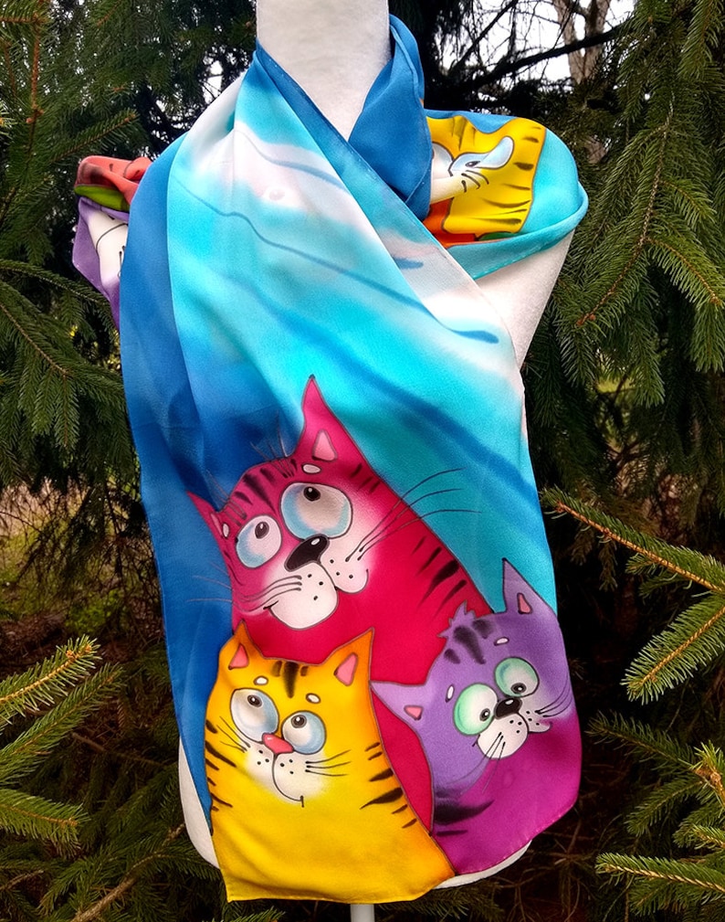 Hand Painted Silk Scarf With Colorful Cats, Batik Scarf - Etsy