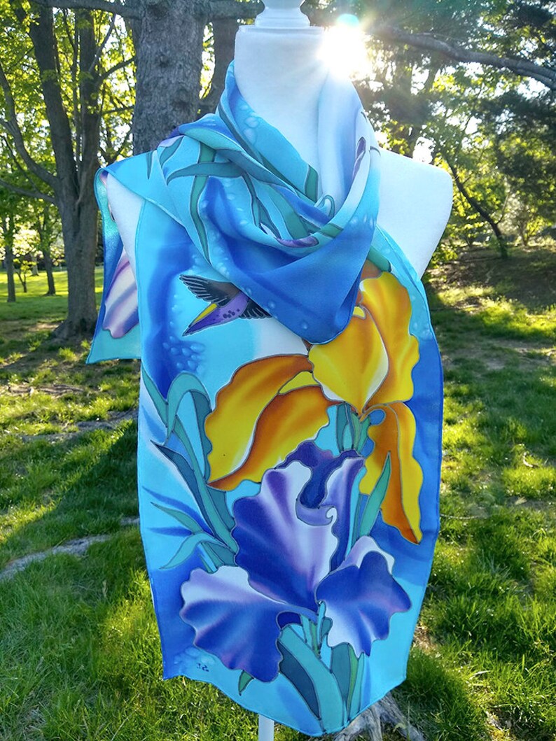 Silk Scarf, Hand Painted Silk Scarf, Irises Scarf, Blue Scarf, Gift for ...