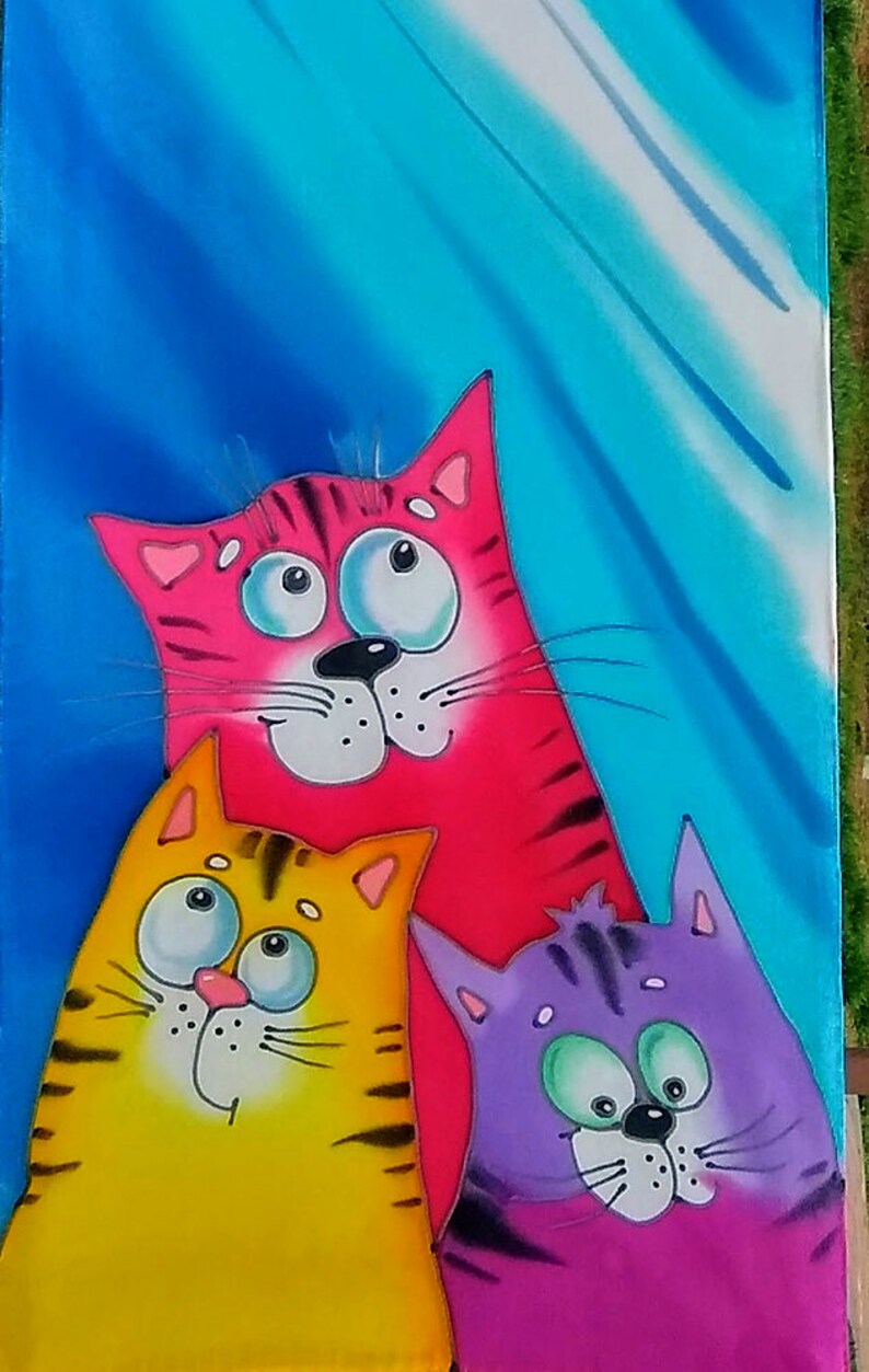 Hand Painted Silk Scarf With Colorful Cats, Batik Scarf - Etsy