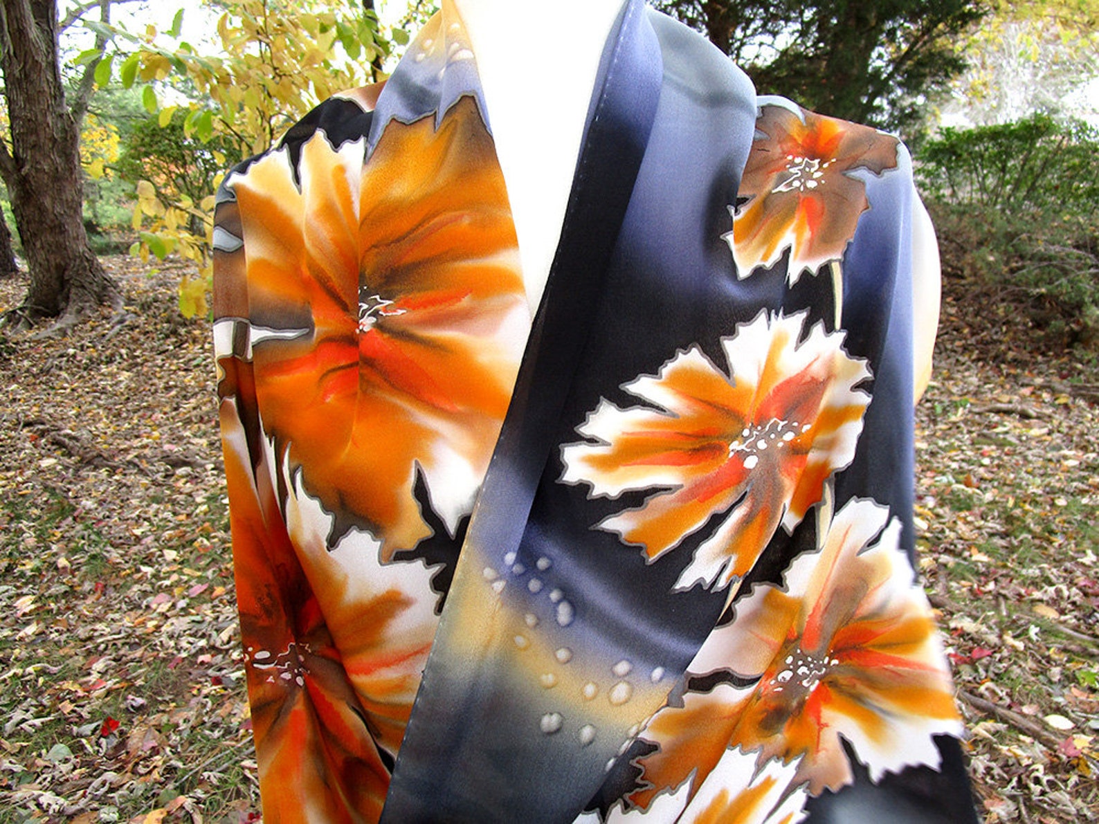 Hand Painted Black Silk Scarf With Flowers – Wearable Art, Elegant Gift ...