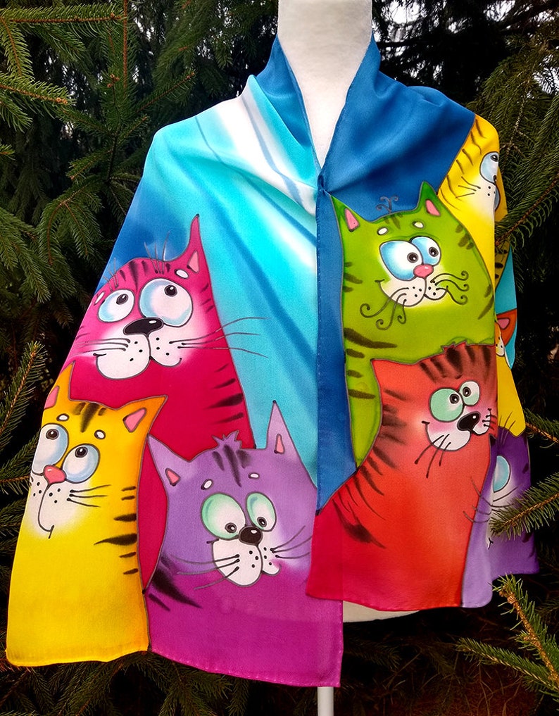 Cats Silk Scarf Silk Scarf Hand Painted Silk Scarf Cats - Etsy