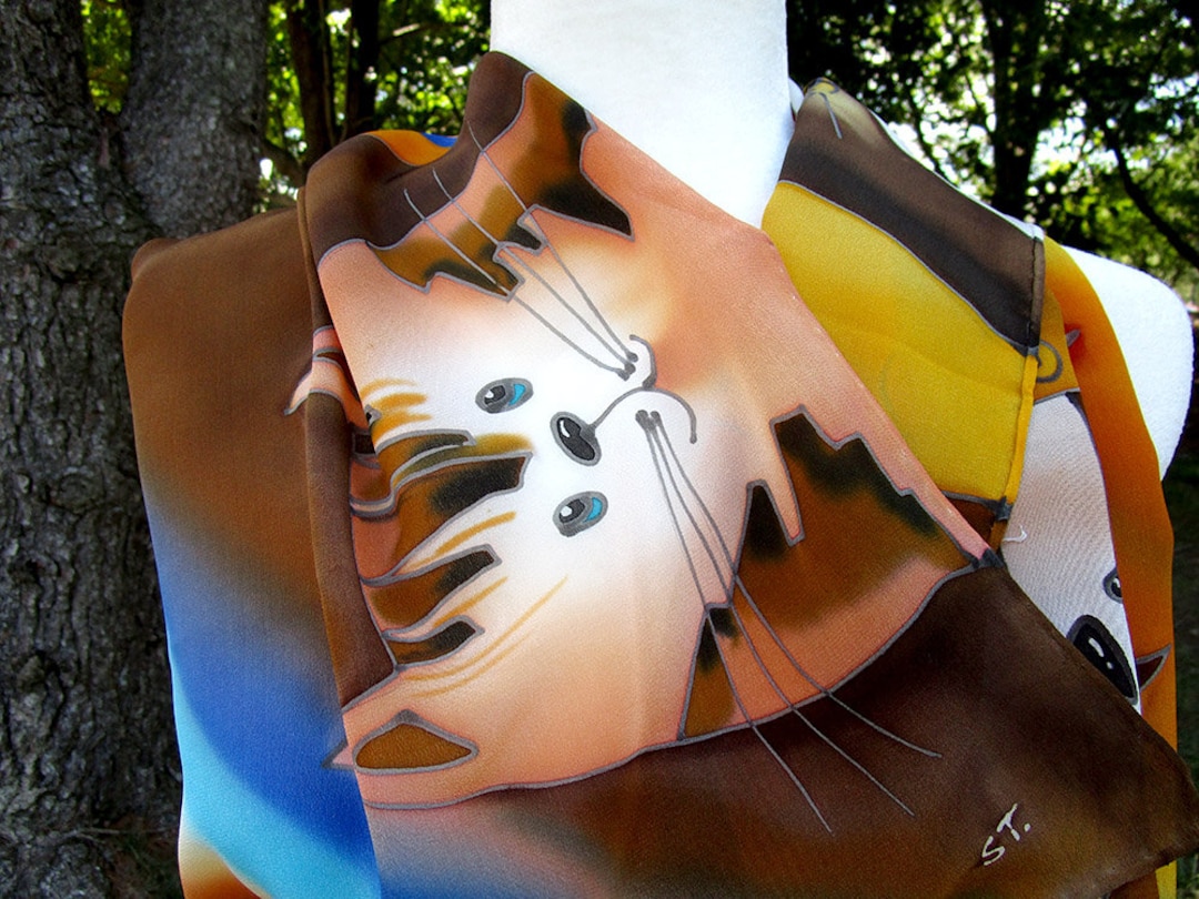 Hand Painted Silk Scarf, Brown Cats, Batik Art - Etsy