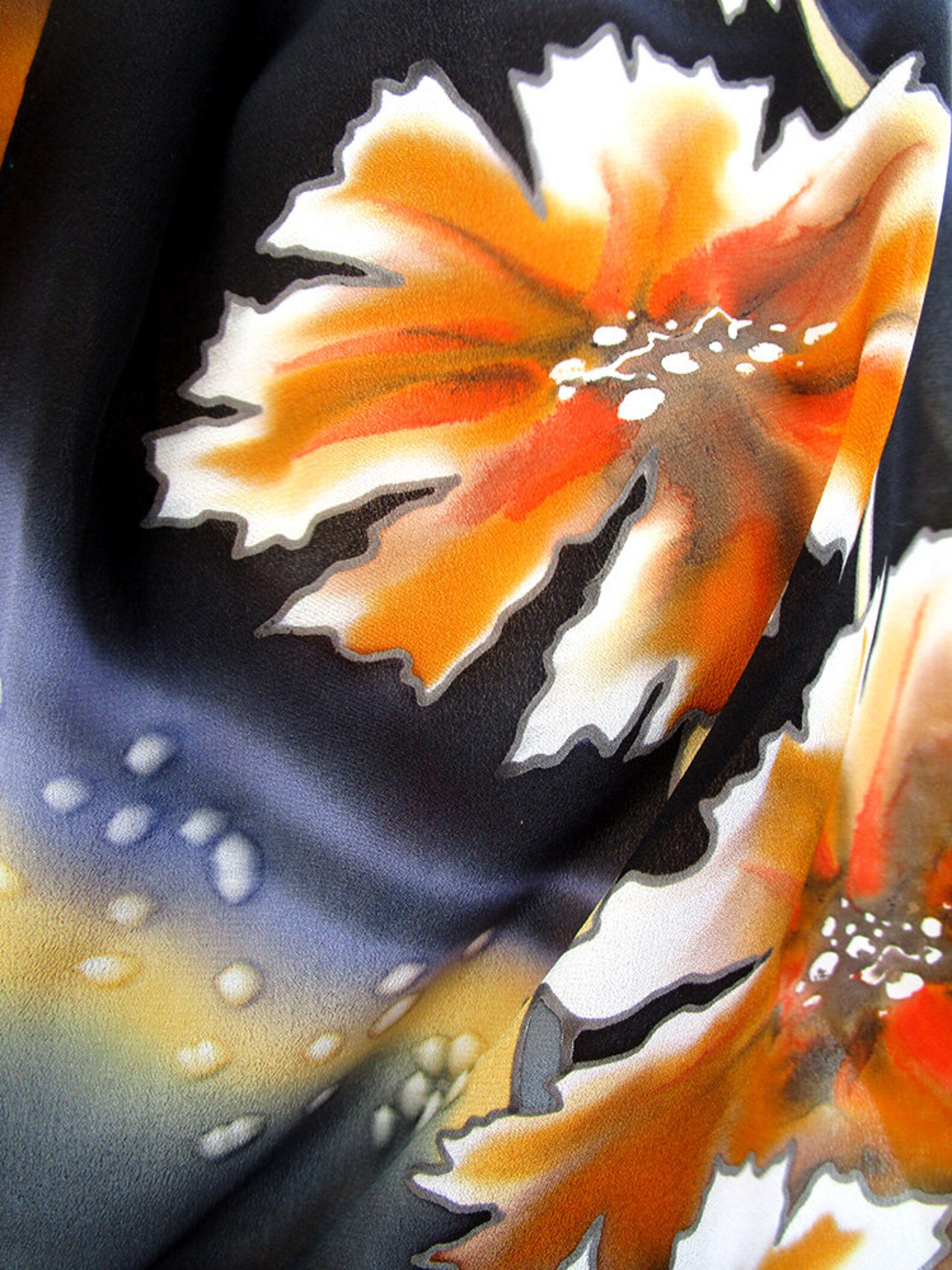 Hand Painted Black Silk Scarf With Flowers – Wearable Art, Elegant Gift ...