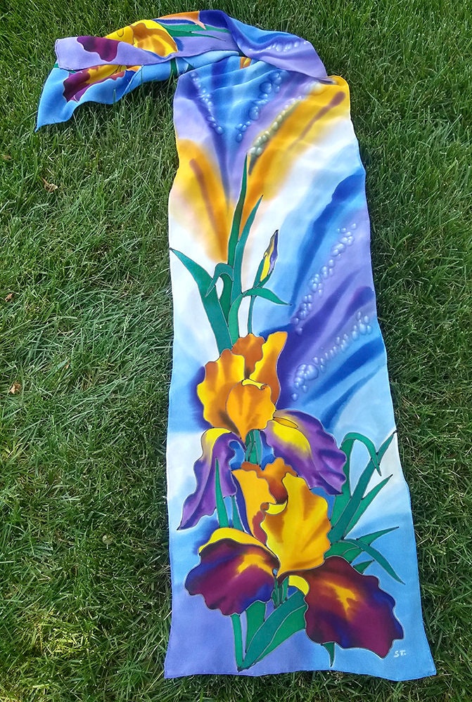 Silk Scarf, Hand Painted Silk Scarf, Irises Scarf, Blue Scarf, Gift for ...