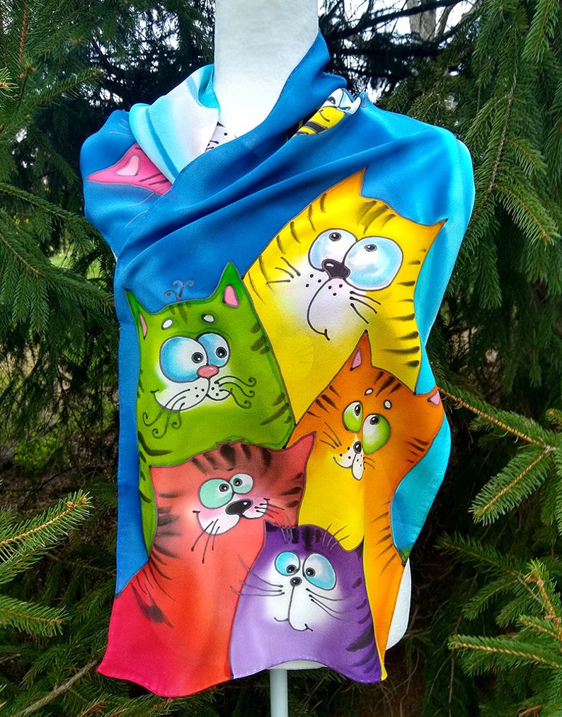 Cats Silk Scarf Silk Scarf Hand Painted Silk Scarf Cats - Etsy