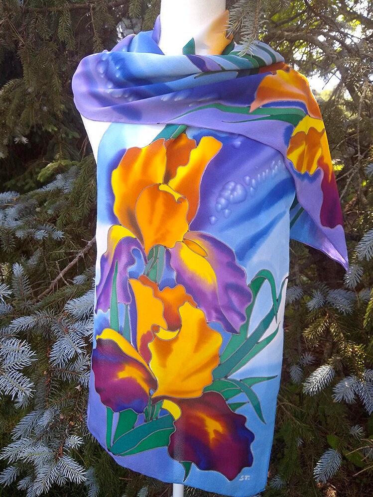 Silk Scarf, Hand Painted Silk Scarf, Irises Scarf, Blue Scarf, Gift for ...