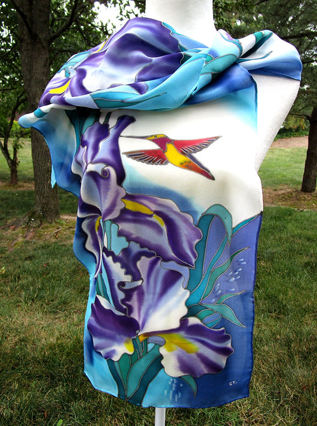 Silk Scarf, Hand Painted Silk Scarf, Irises Scarf, Blue Scarf, Gift for ...
