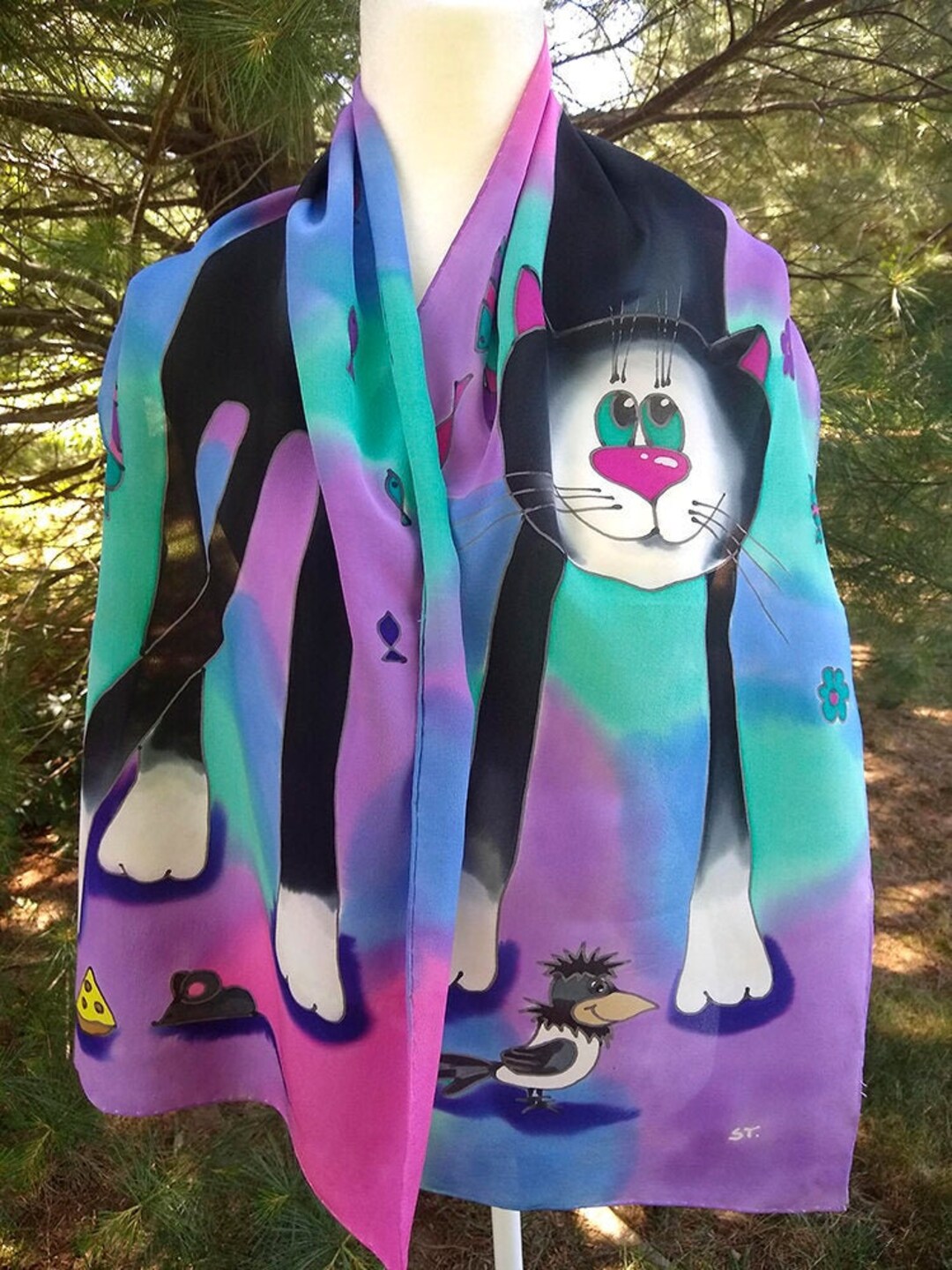 Hand-painted Silk Scarf, Funny Cat Design, Wearable Art - Etsy