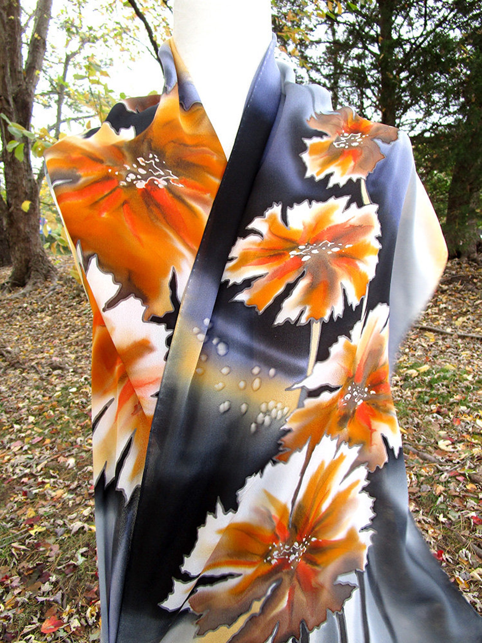 Hand Painted Black Silk Scarf With Flowers – Wearable Art, Elegant Gift ...