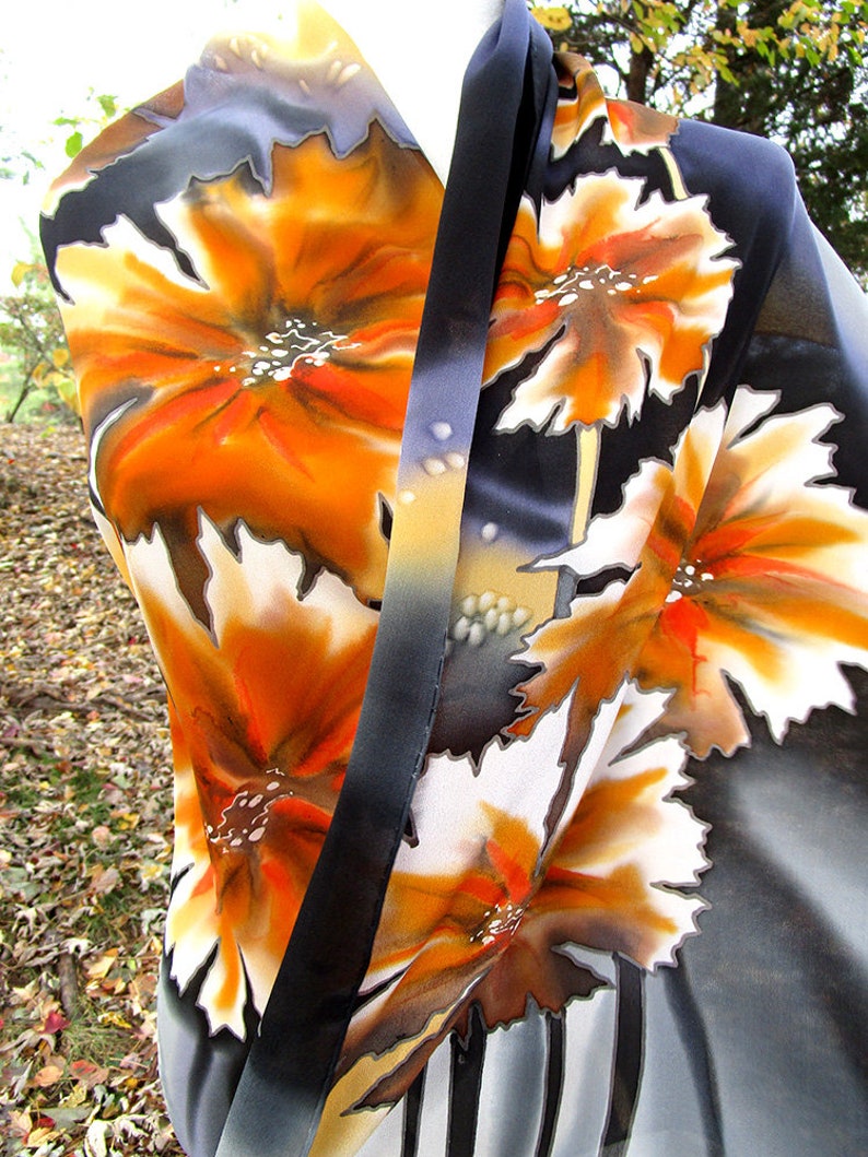 Hand Painted Black Silk Scarf With Flowers – Wearable Art, Elegant Gift ...