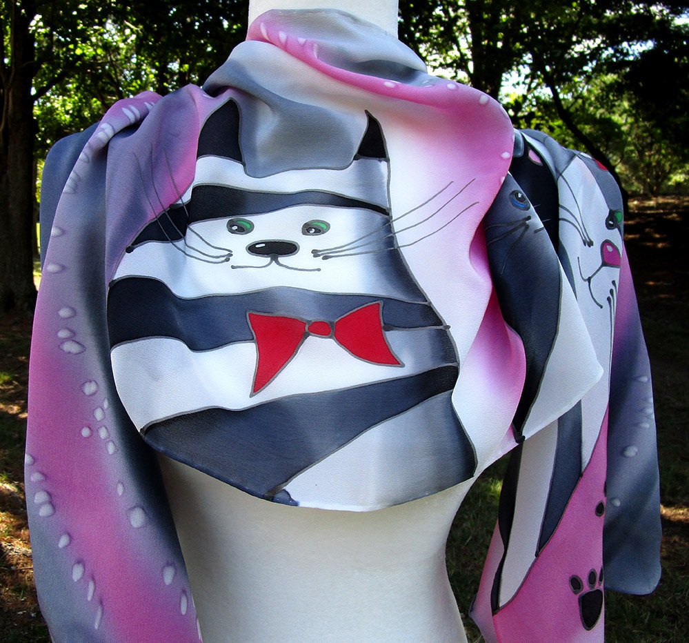 Silk Scarf Hand Painted Silk Scarf Cats Silk Scarf Funny - Etsy.de