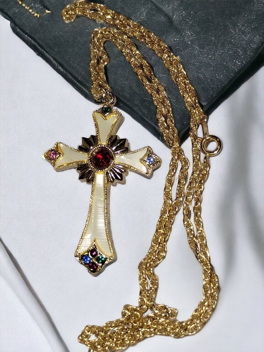 Beautiful Vintage Golden Cross With Ruby Red Rhinestone in the Middle ...