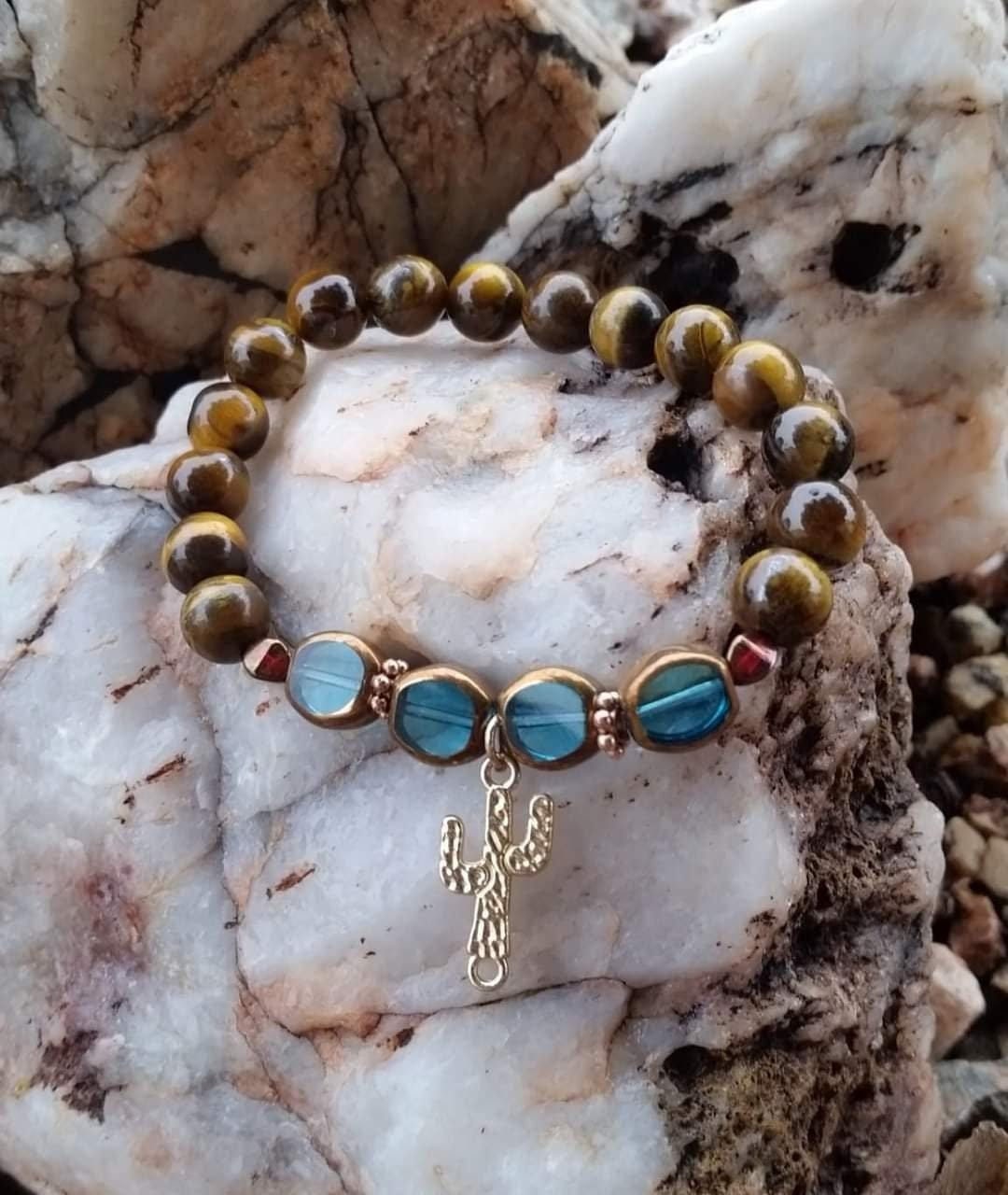Bisbee Bracelet | Brown Tiger Eye, Copper, Turquoise Glass, Gold Cactus ...