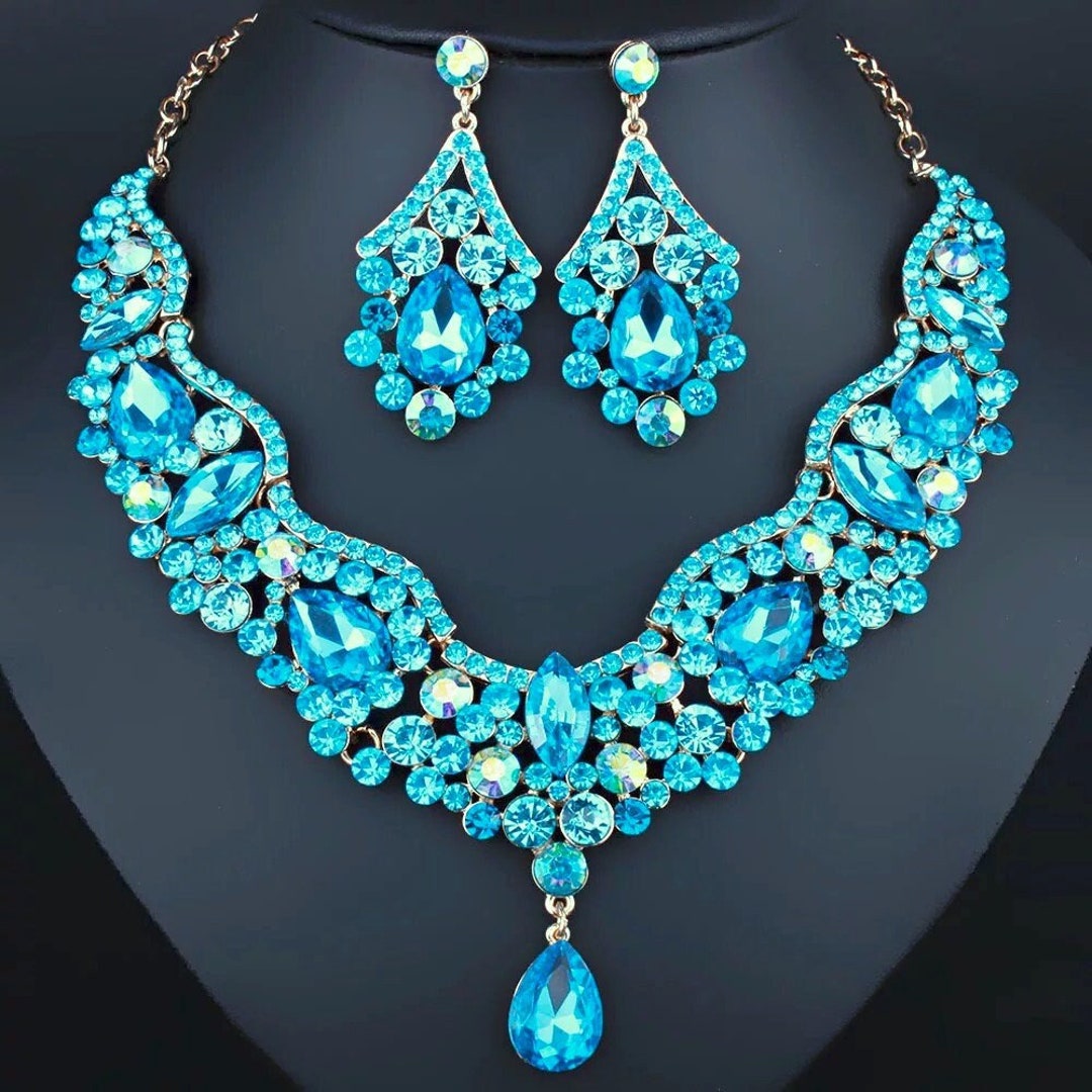 Teal Multi Stone Necklace Set Teal Pageant Necklace Teal Prom Necklace ...