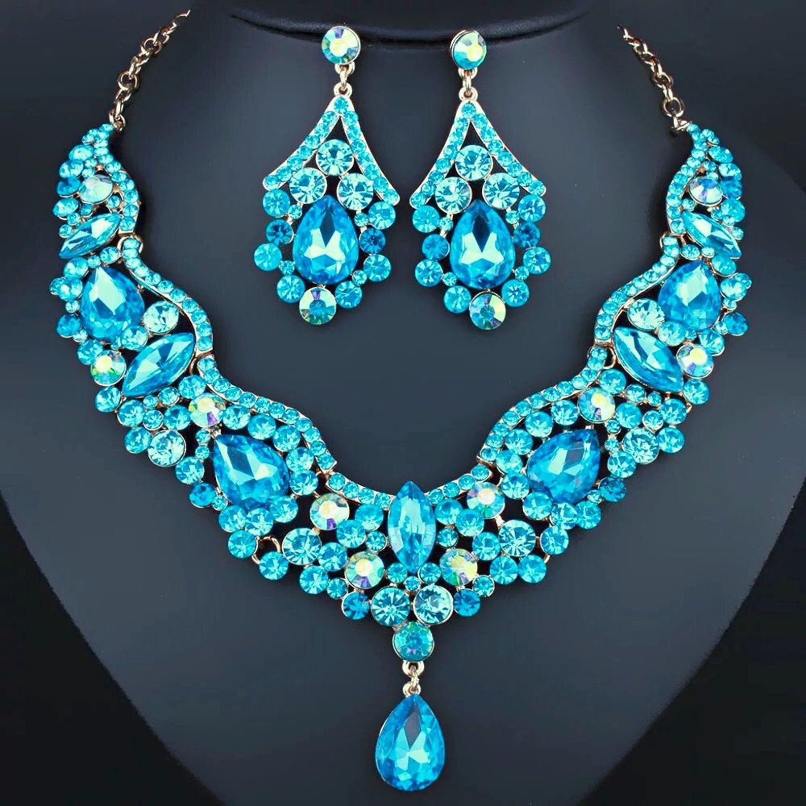 Teal Multi Stone Necklace Set Teal Pageant Necklace Teal - Etsy
