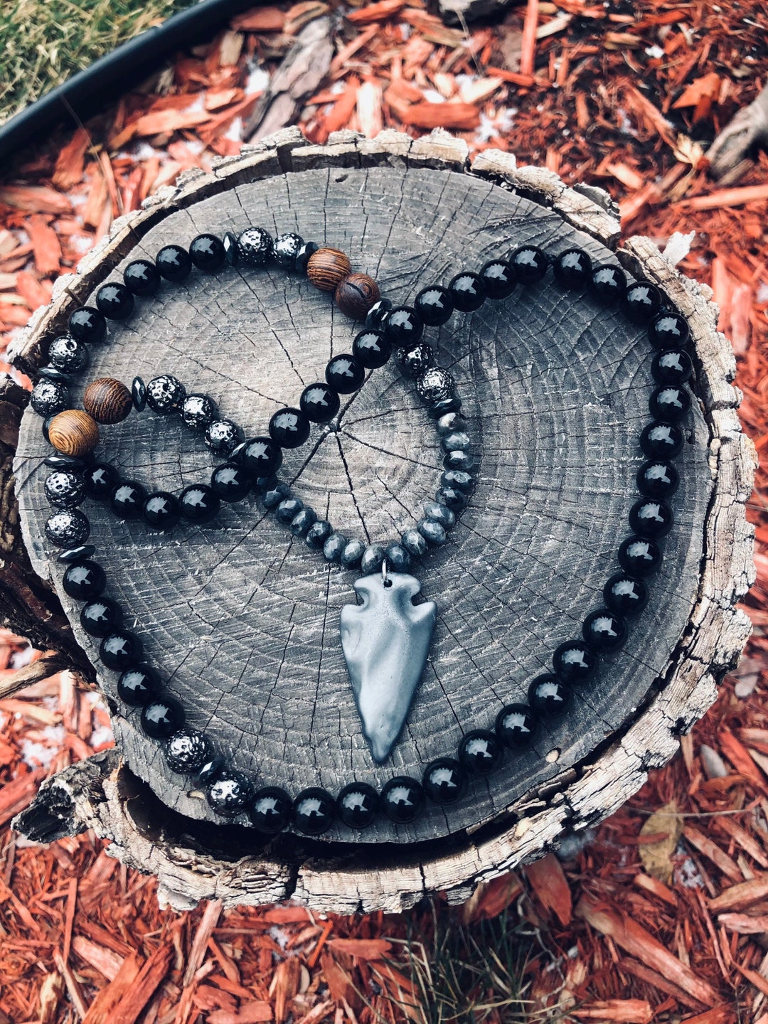 Mens Arrowhead Necklace, Mens Beaded Necklace, Mens Gunmetal Necklace ...