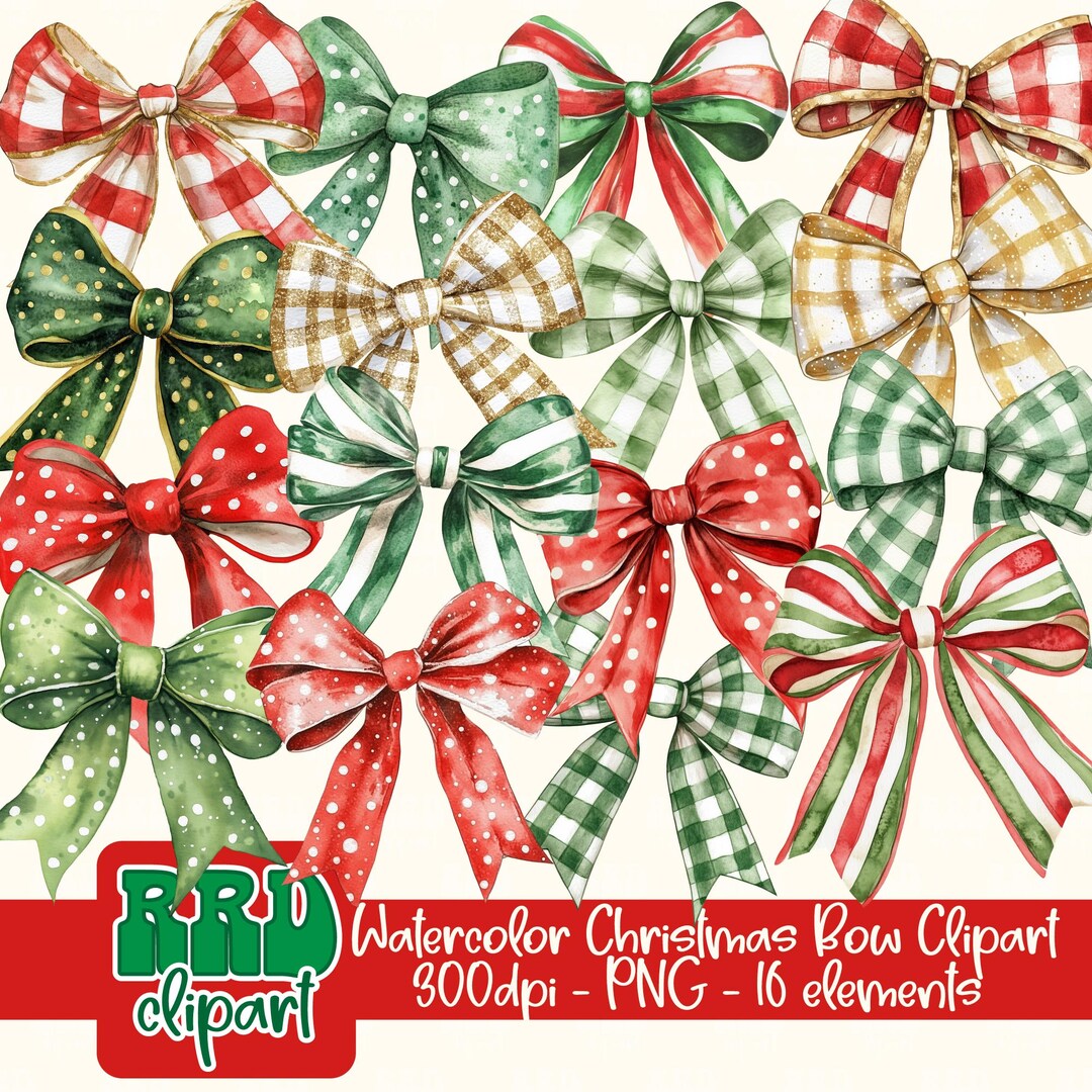 Coquette Christmas Bows Clipart, Green and Red Watercolor Bow Clipart ...