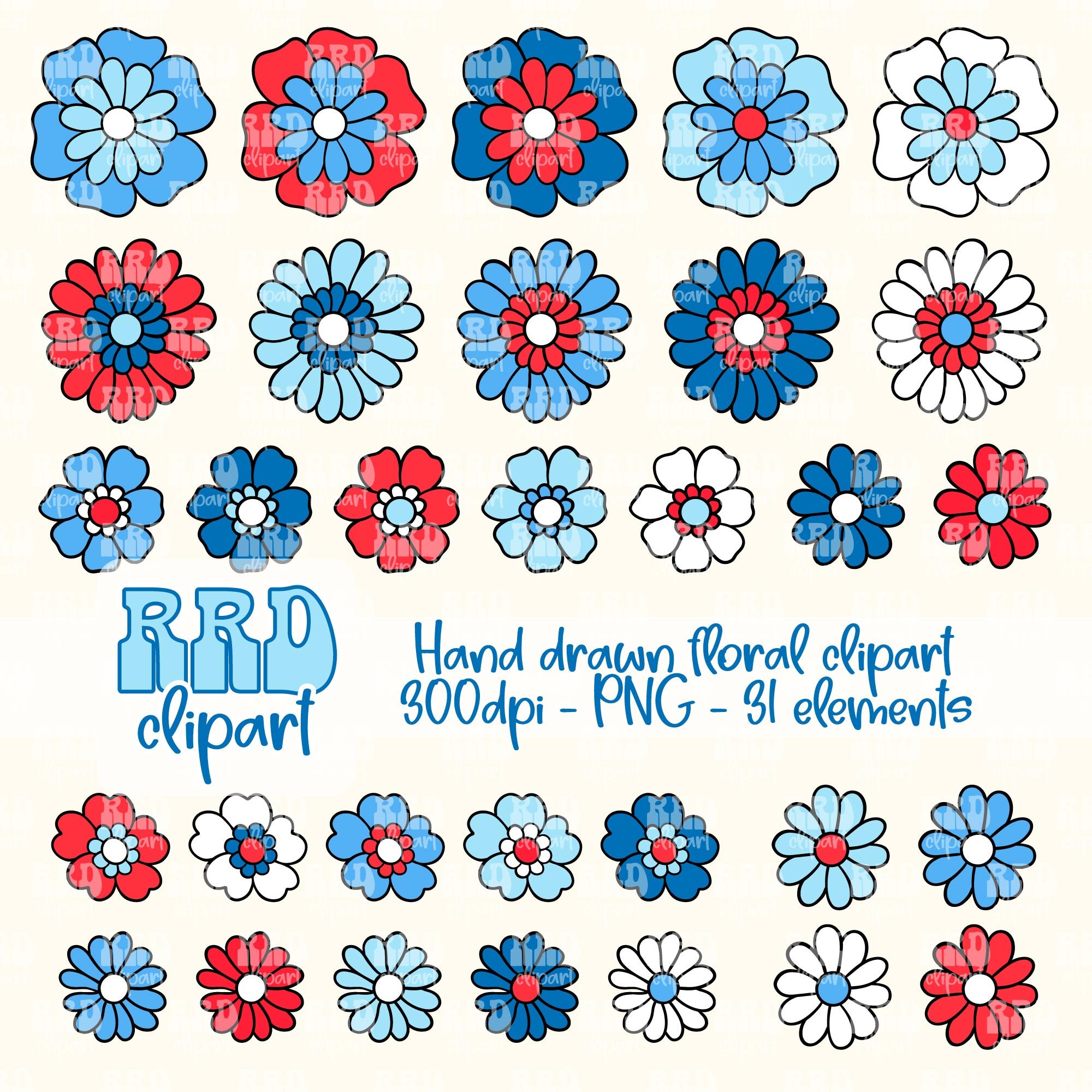 4th of July Floral Clipart for Commercial Use,red White Blue Floral ...