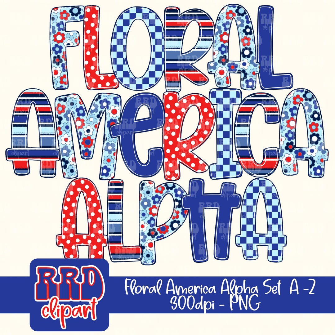 Preppy 4th of July Floral Alphabet PNG Clipart, Patriotic Alpha, Stars ...