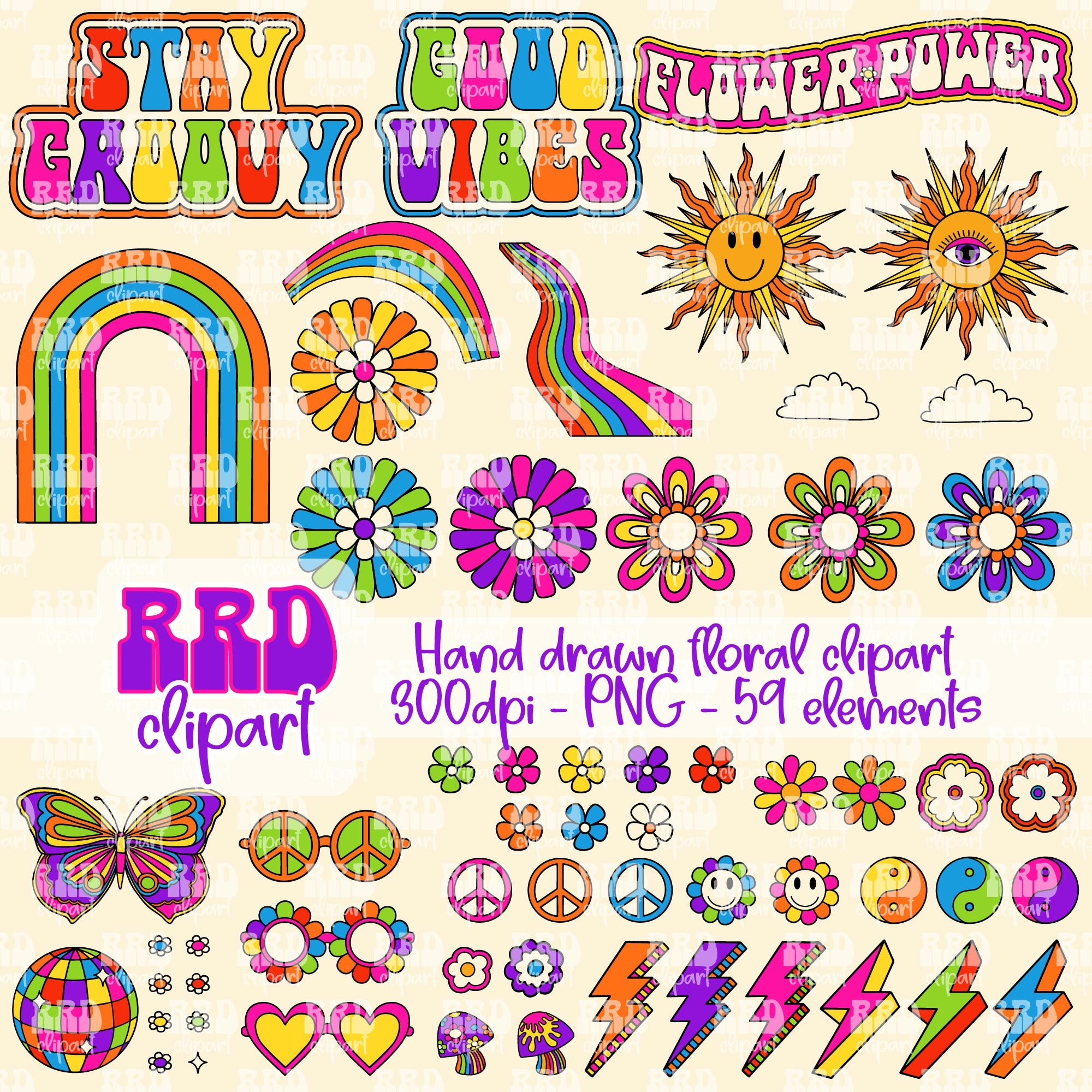 Groovy Retro Clipart for Commercial Use, Rainbow Floral Clipart, Retro ...