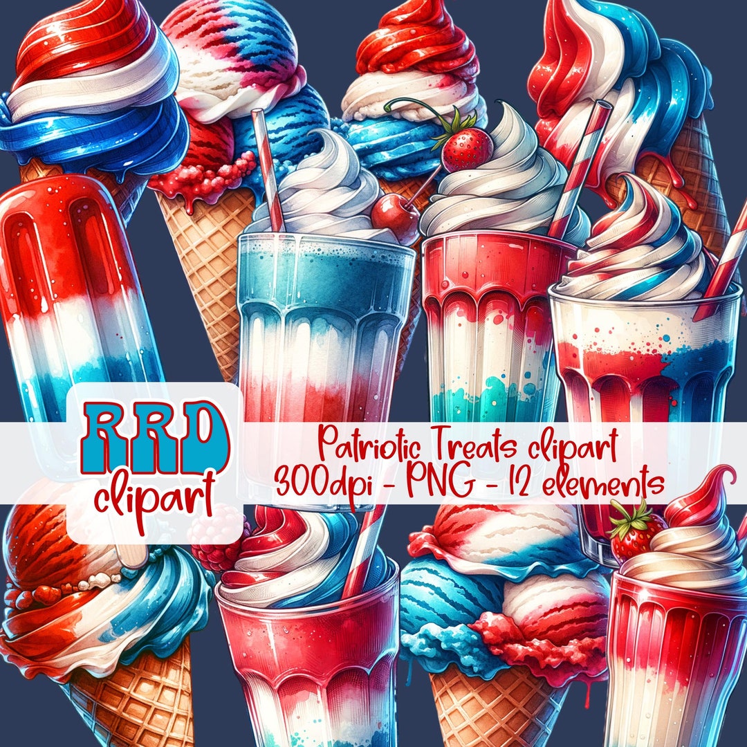 4th of July Ice Cream PNG Clipart, Red White Blue Watercolor Clipart ...