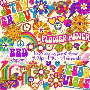 Groovy Retro Clipart for Commercial Use, Rainbow Floral Clipart, Retro ...